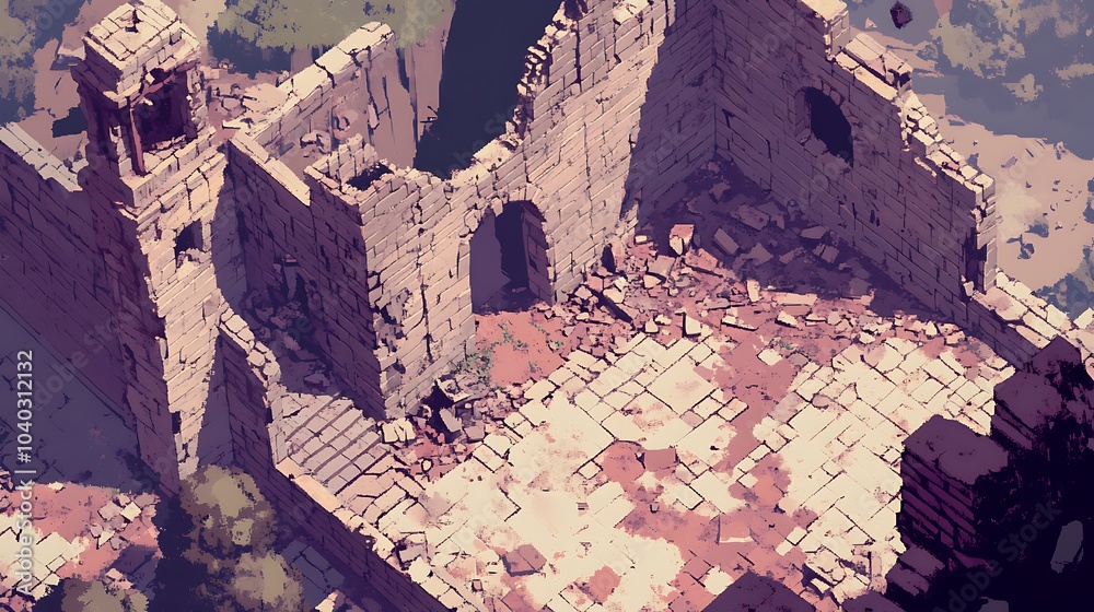 Pixel art DnD map showing a ruined fort with broken walls and debris on ...