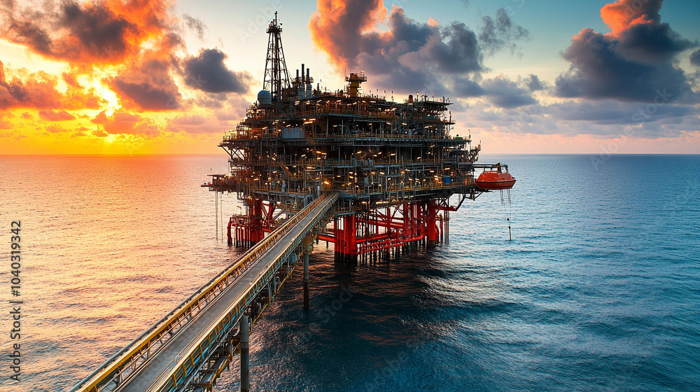 offshore oil rig stands tall in the middle of the ocean, framed by a ...