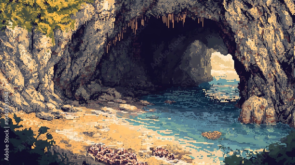 Pixel art DnD map showing a seaside cave with tide pools and barnacles ...