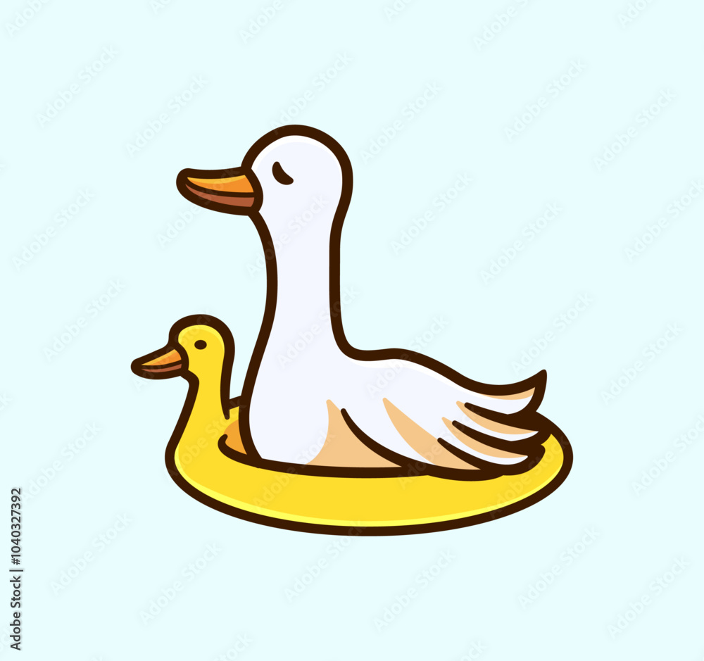 Mother Duck and Her Duckling in a Floating Yellow Lifebuoy Cartoon ...