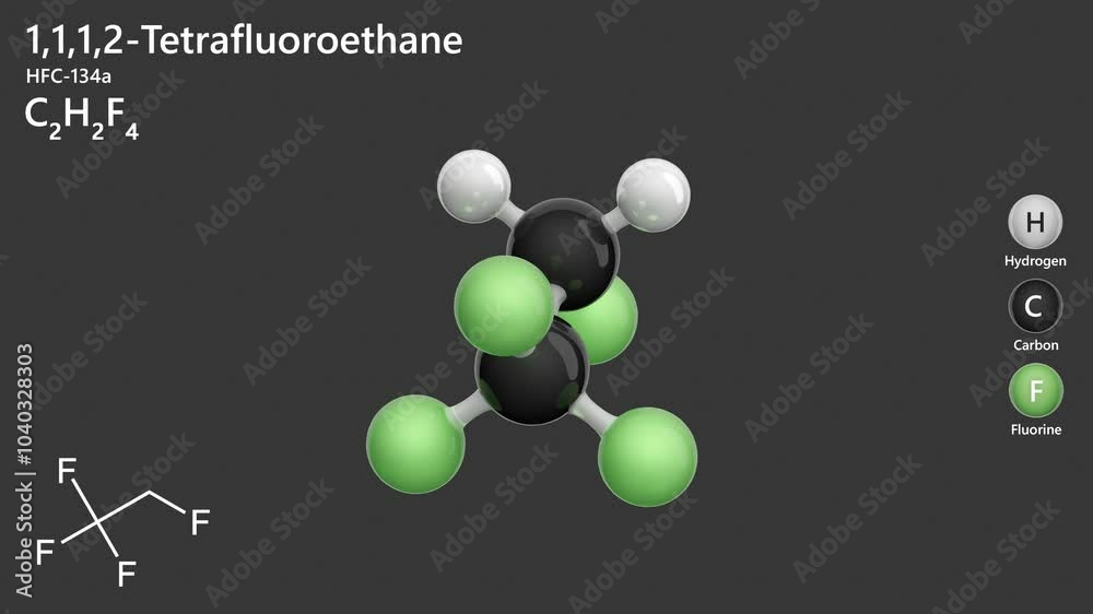 1,1,1,2-Tetrafluoroethane or HFC-134a. Animated 3D model of a molecule. Molecular formula ...