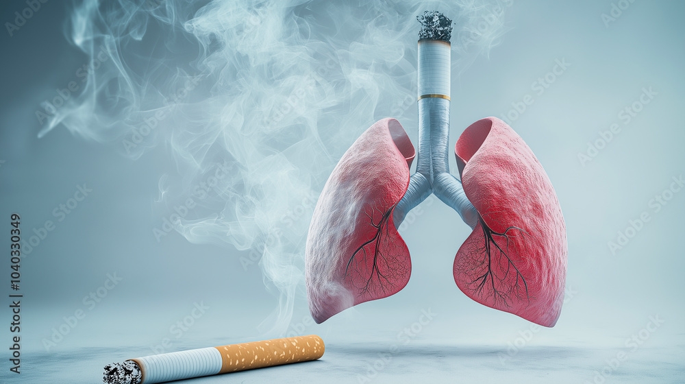 Cigarette burning with smoke forming lung shape, symbolic image of ...