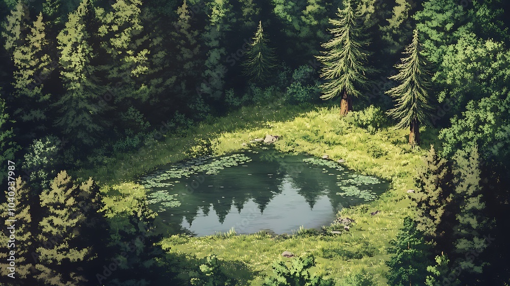 Pixel art battlemap of a forest glade with a pond and surrounded by ...