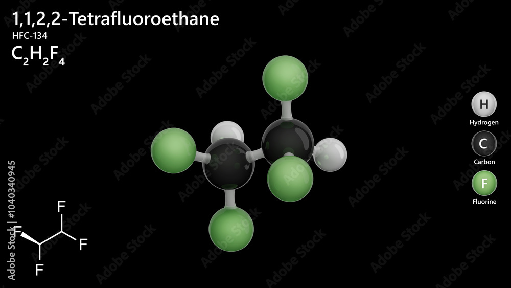 1,1,2,2-Tetrafluoroethane or HFC-134. A detailed model of a molecule ...