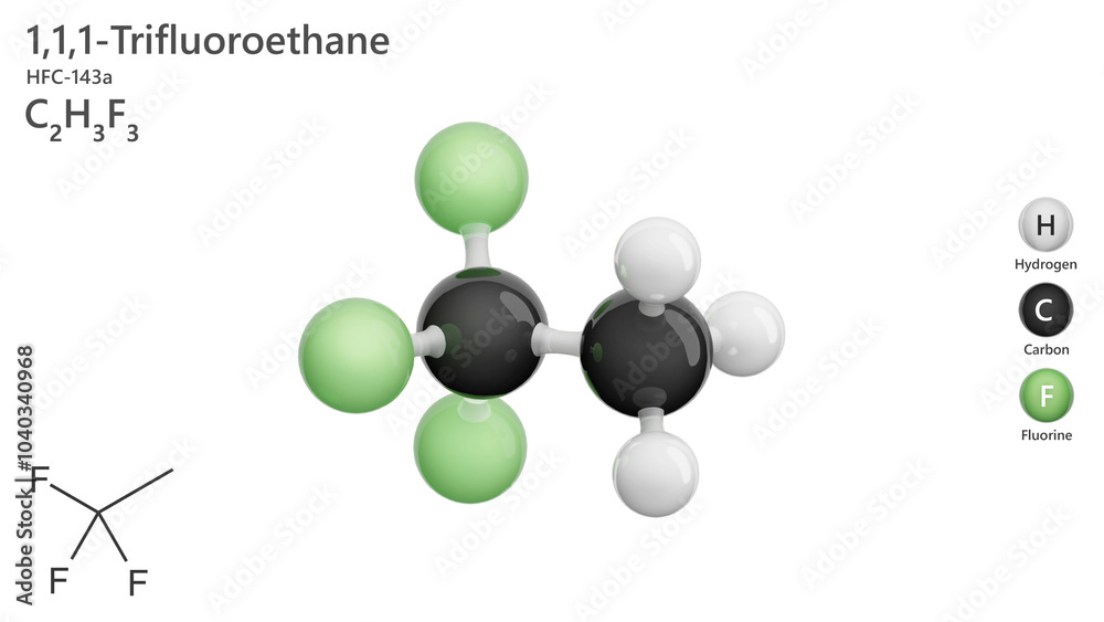 HFC-143a or 1,1,1-trifluoroethane. A detailed model of molecule ...