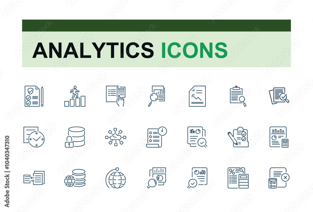 Data analytics line icons set. Including graph, chart, metrics, statistics, dashboard, report ...