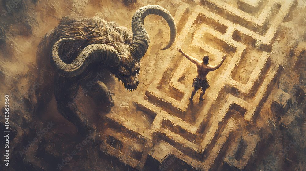 Above the labyrinth, theseus and the minotaur locked in battle ...
