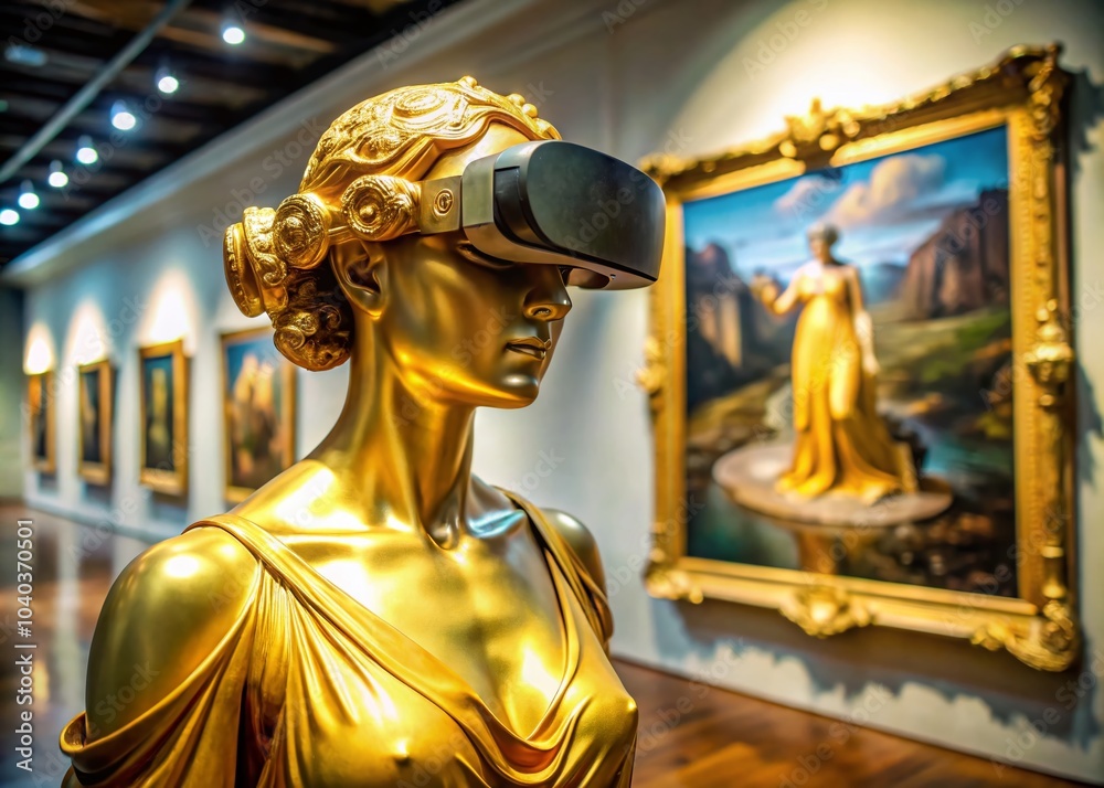 Virtual Reality Headset on a Golden Statue in Art Gallery - Immersive ...