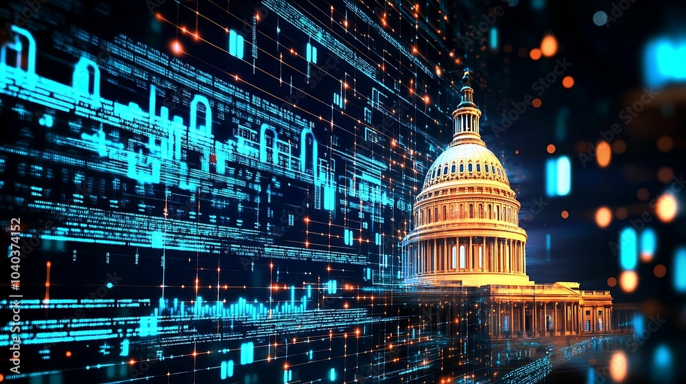 The U.S. Capitol building juxtaposed with illuminated financial charts ...
