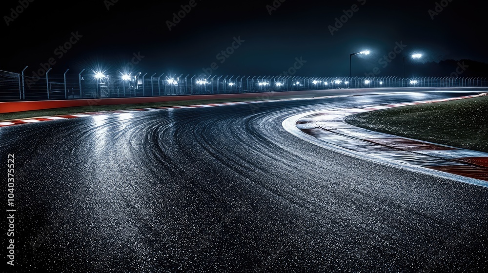 Formula 1 track under the night sky with glowing lights illuminating ...