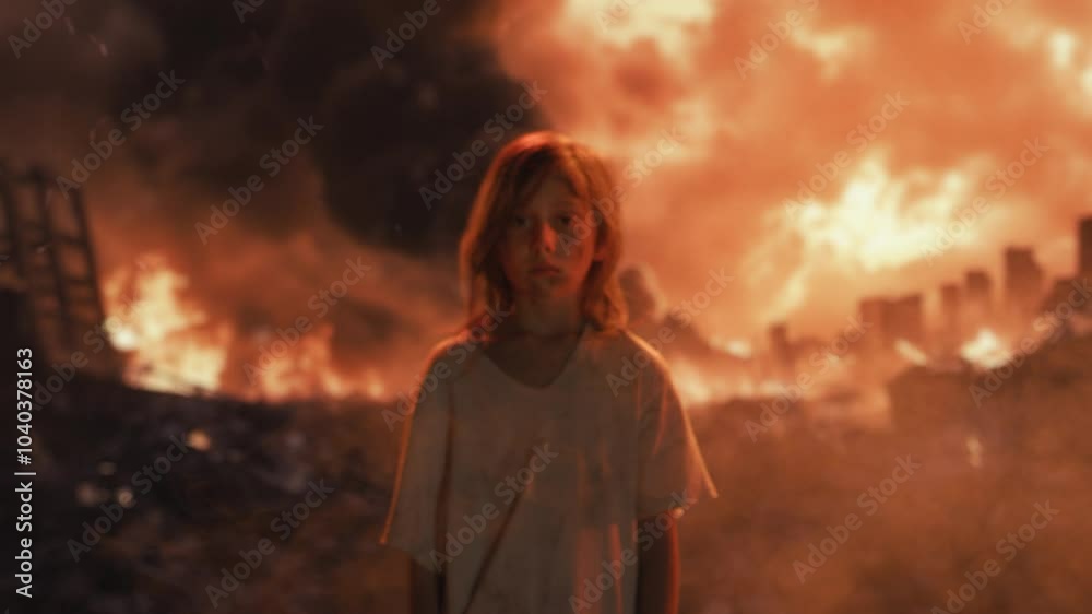 Girl Surrounded by Destruction of Burning Factory Urban Catastrophe ...