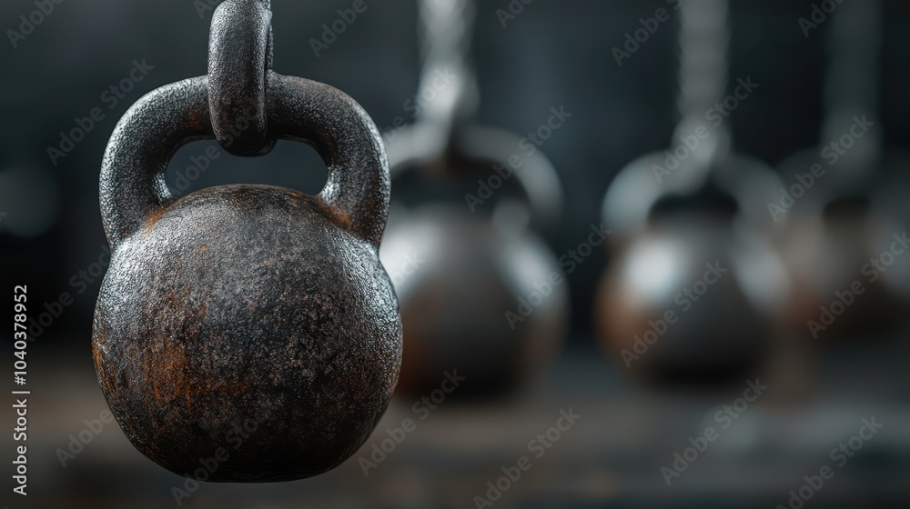 A close-up of a rust-covered kettlebell hanging from a chain, suspended ...