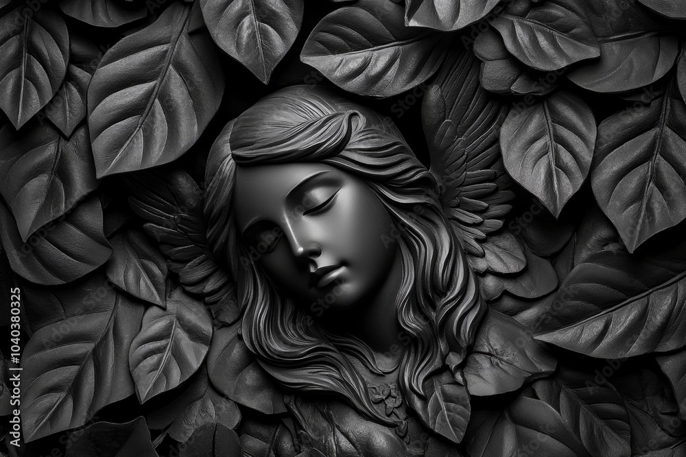 Eerie graveyard angel covered in vines, with a dark, mysterious sky and ...