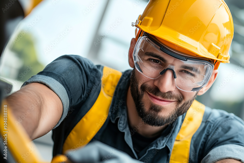 confident construction worker wearing yellow hard hat and safety ...