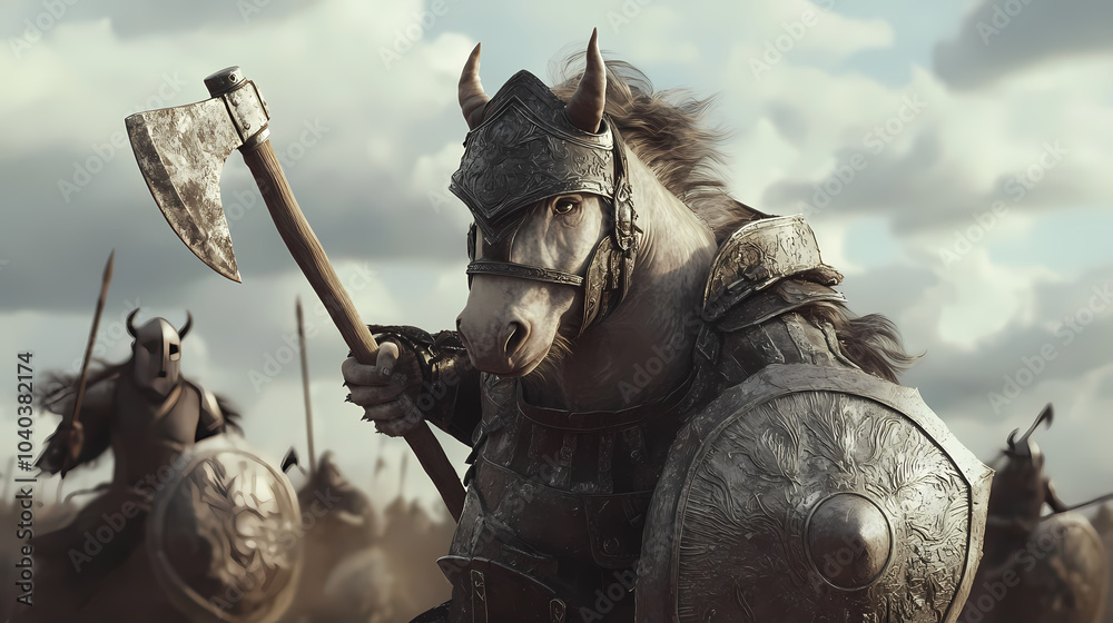 Centaur warrior wearing a battle armour and helmet and holding an axe ...