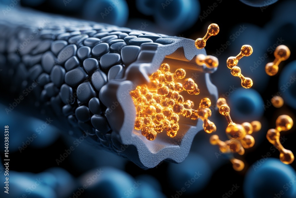 Human cell membrane under a microscope, with ion channels open and ...