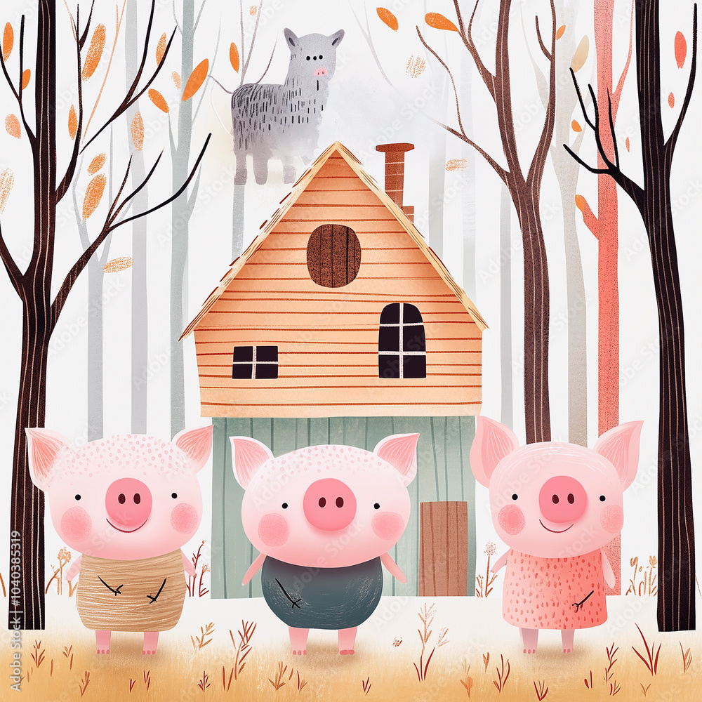 An enchanting illustration of the three little pigs building their ...