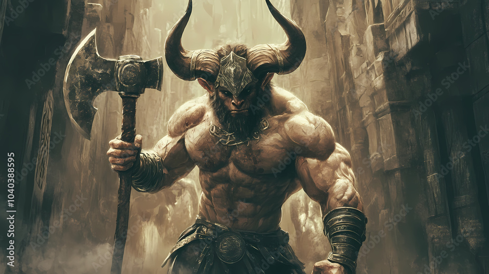 Fearsome minotaur in a labyrinth wielding a massive axe with menacing ...