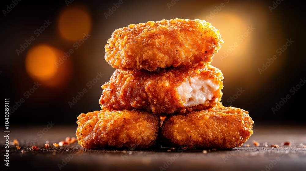 Crispy breaded chicken nuggets arranged in a stack, capturing the ...