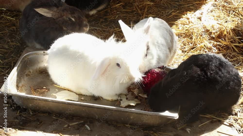 Cute fluffy rabbits in the aviary. Top view of colorful decorative and ...