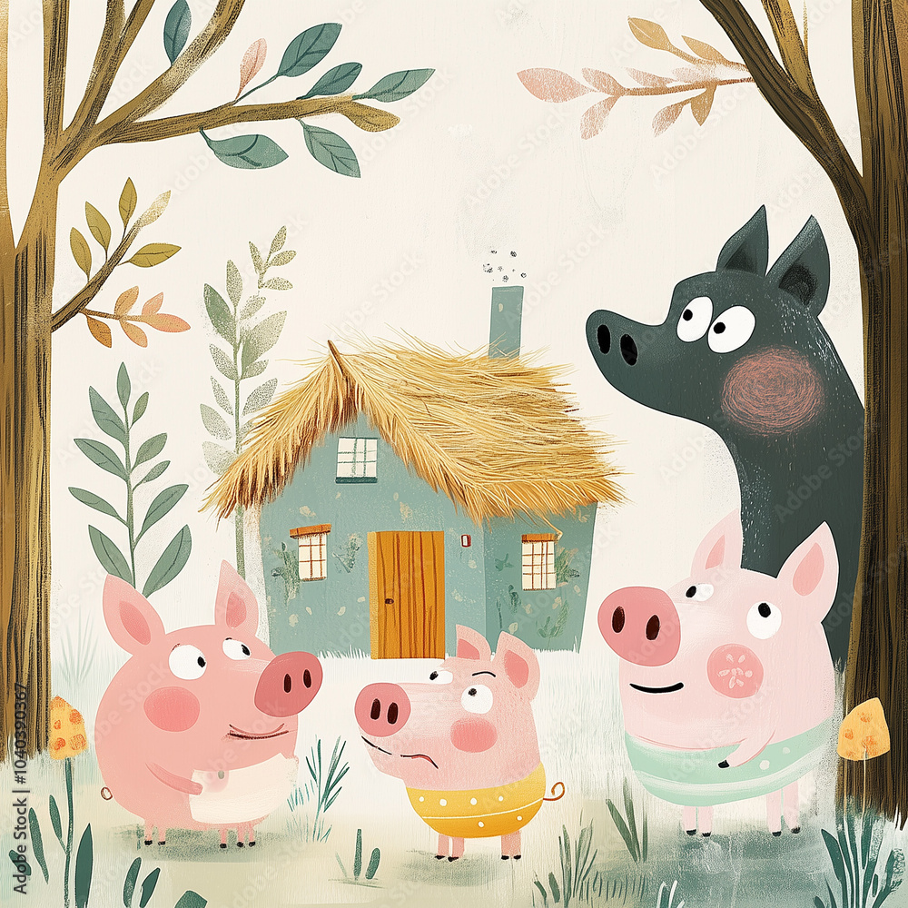 An enchanting illustration of the three little pigs building their ...