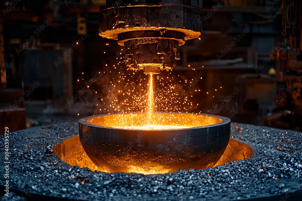 Molten metal being poured into a casting mold in an industrial setting ...