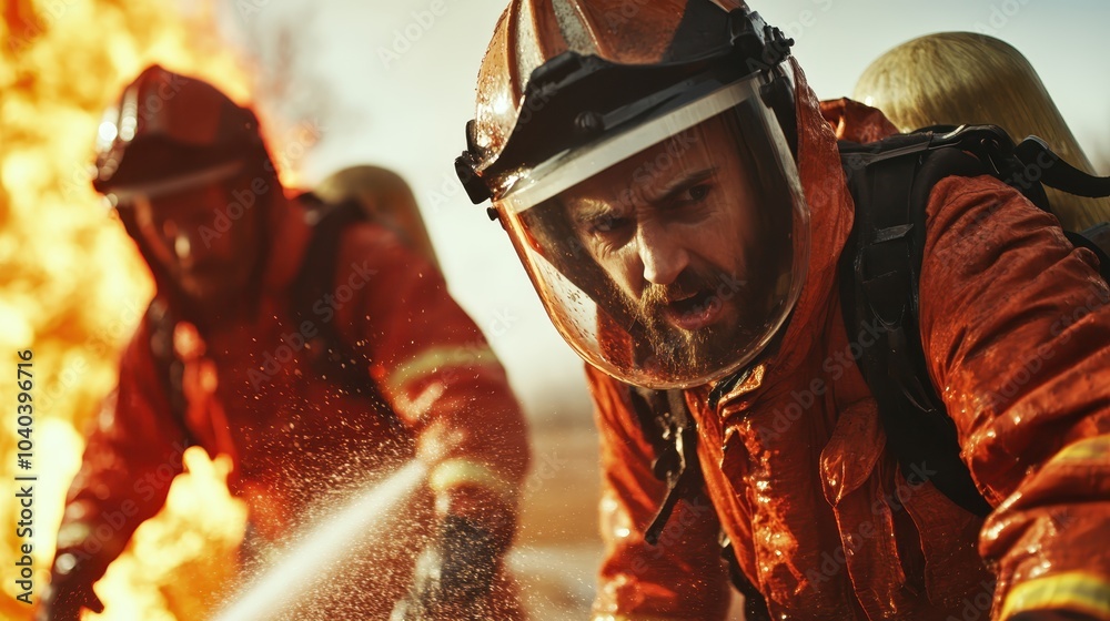 Two firefighters in protective gear courageously combat a fierce blaze ...