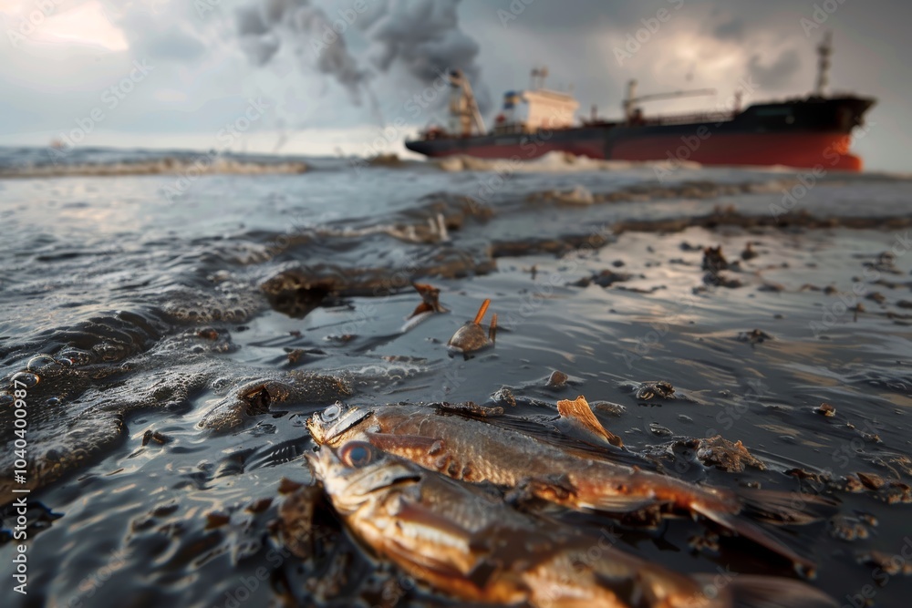 Polluted Beach After Oil Spill with Shipwreck and Dead Fish in the ...