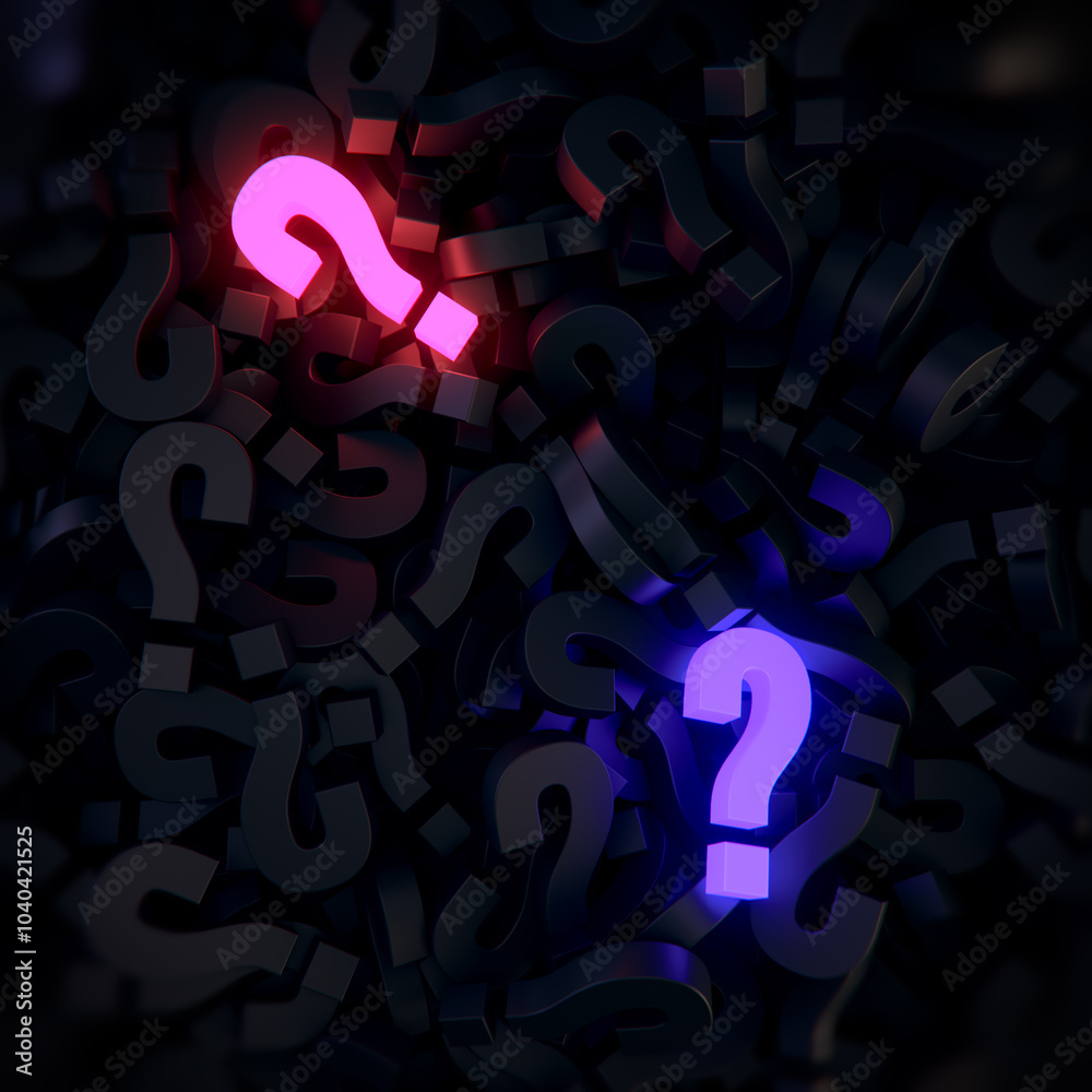 Digital illustration of randomly placed three-dimensional question ...