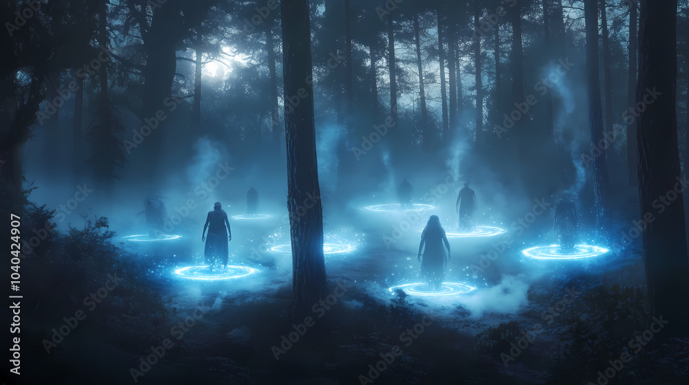 Mythical slavic forest spirits emerging from misty bioluminescent ...