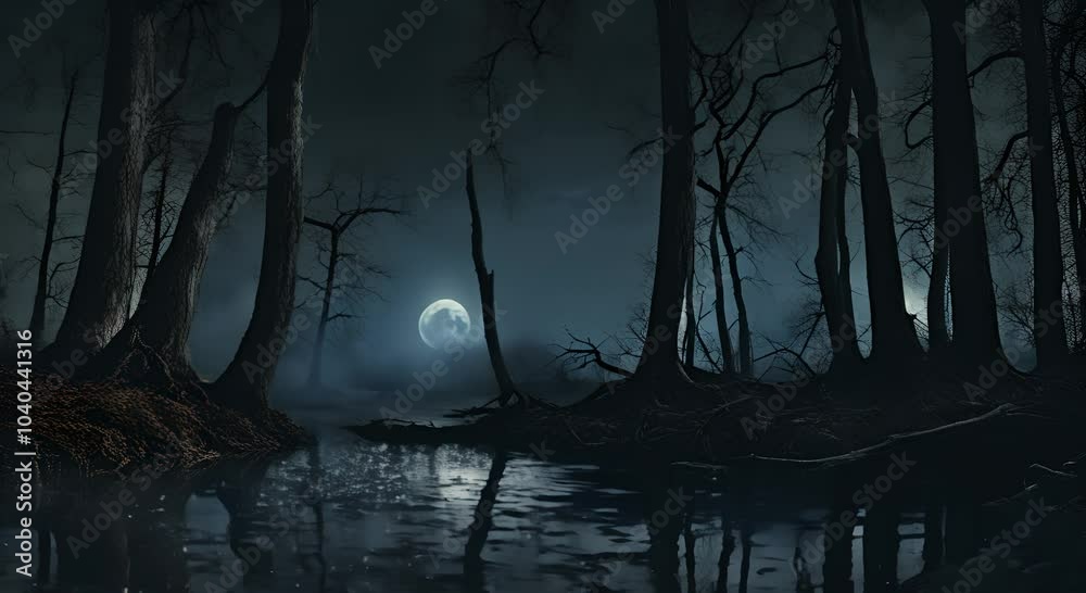 Calm swampy river among old creepy trees in dark forest at night with ...