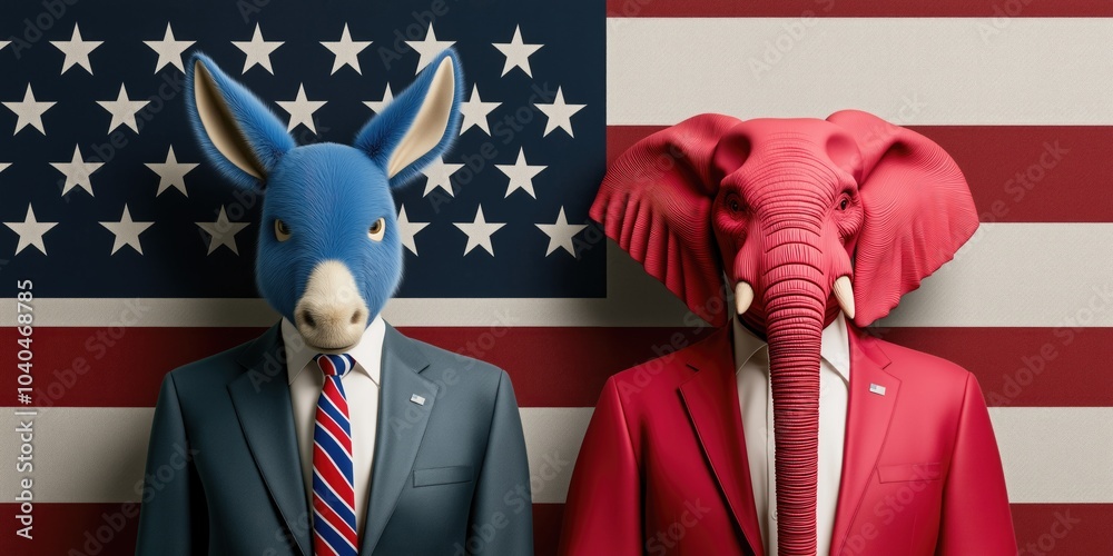 Animal mascots representing Democratic and Republican parties. Blue ...