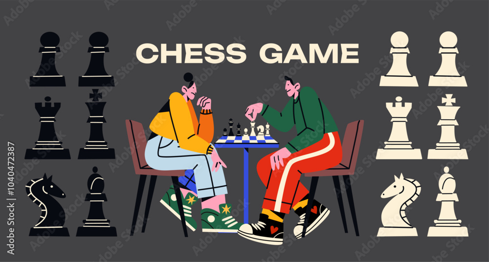 People play chess and chess pieces.Characters are taking part in a ...