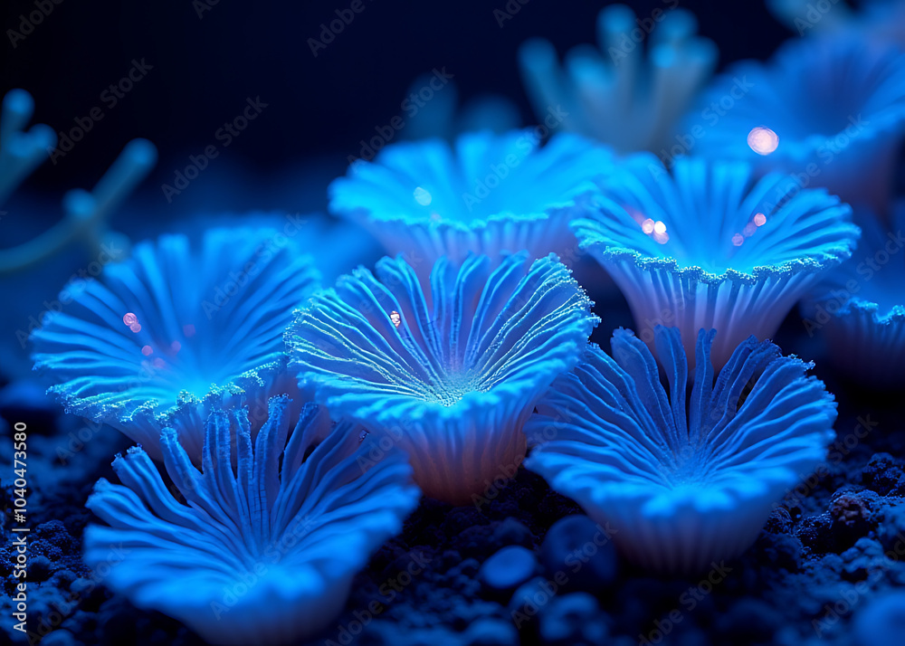 Glowing coral reef design features deep blue gradients and light ...