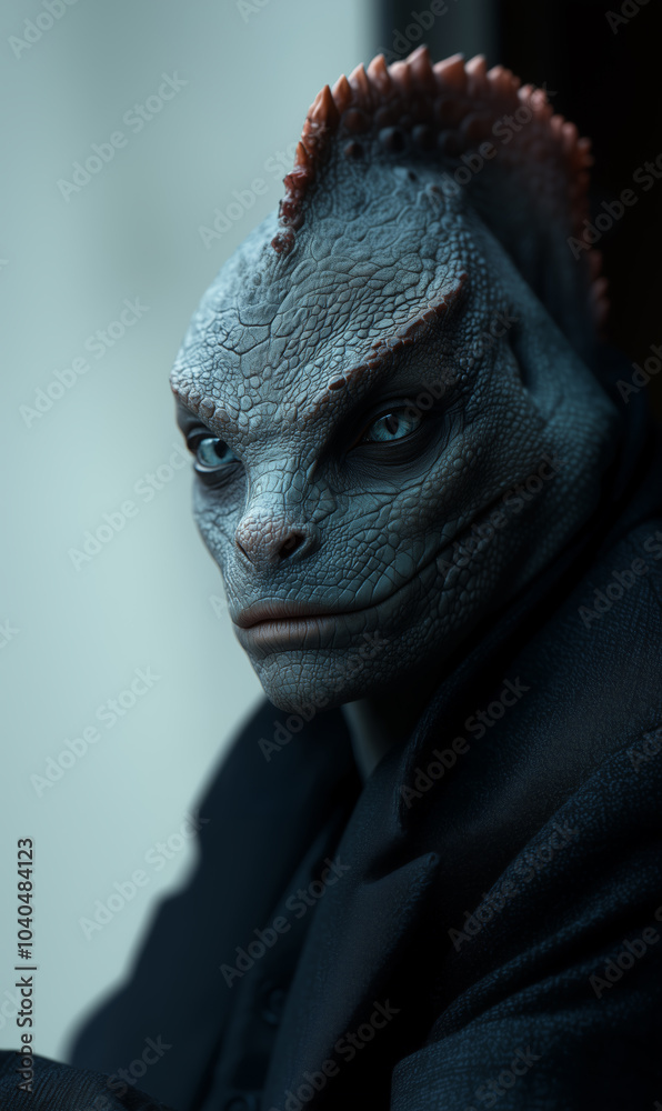 Photorealistic close-up of a humanoid lizard-man hybrid in formal ...