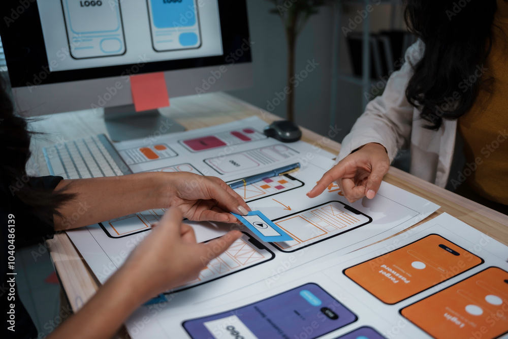 Two uiux designers are discussing over mobile app interface wireframe ...
