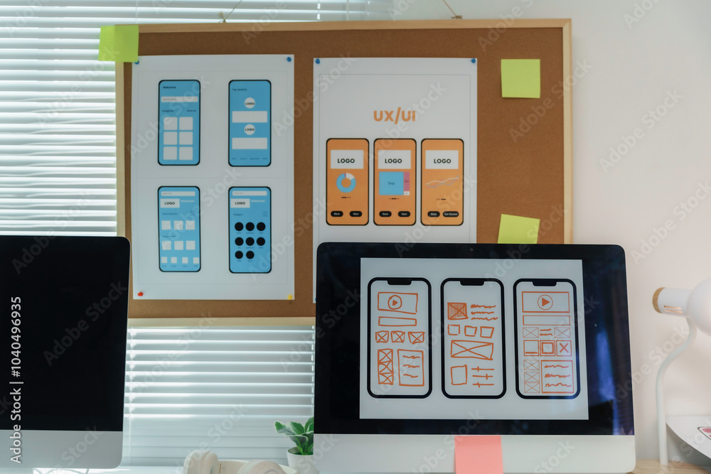 Computer displaying mobile application interface design with uxui ...