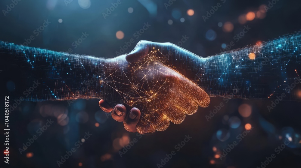A business handshake overlaid with digital data, symbolizing ...