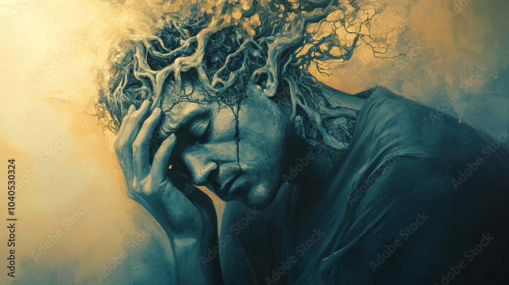 Surreal painting depicting a broken man, conveying emotions of ...