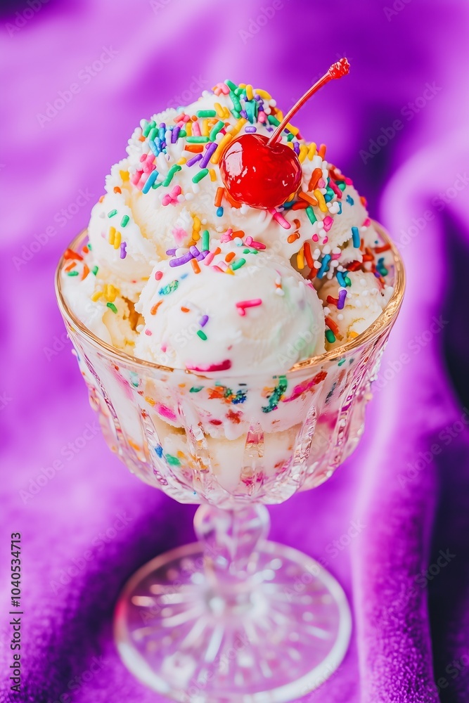 decadent ice cream sundae served in a vibrant, iridescent glass goblet ...