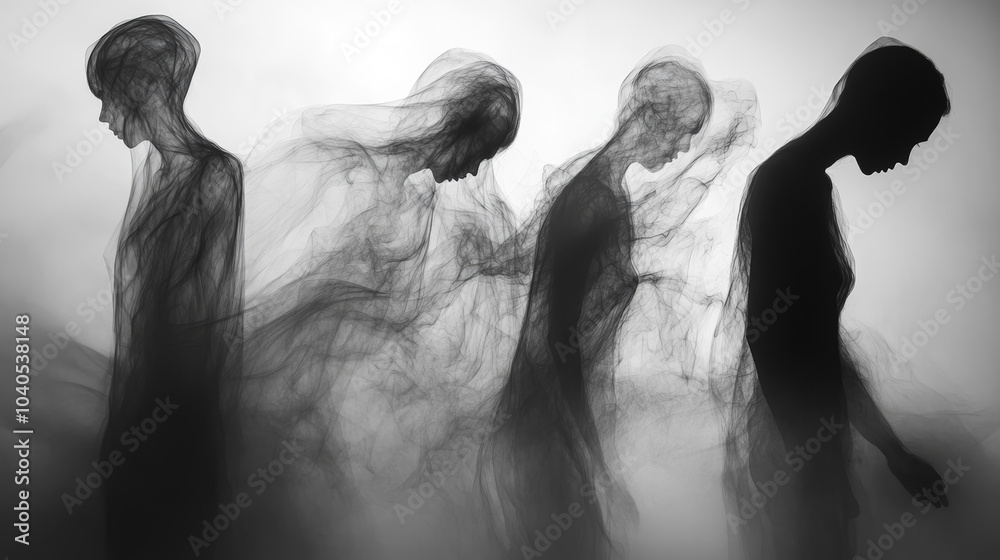 Use abstract figures or silhouettes that are partially visible due to ...