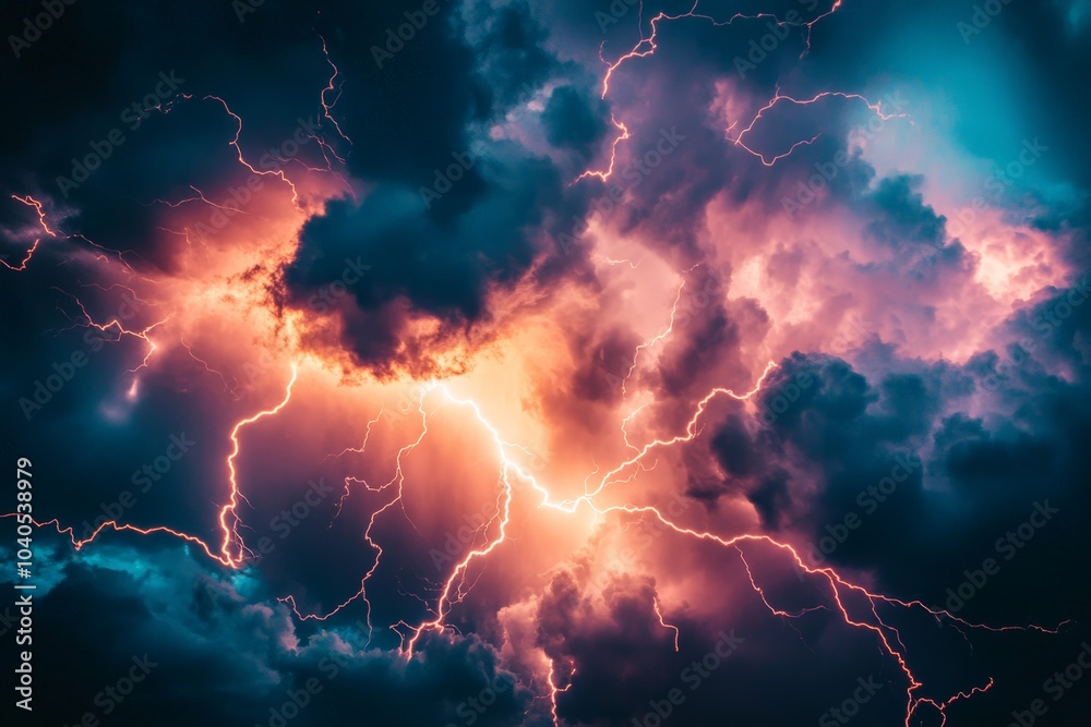 Dramatic lightning forks illuminate vibrant clouds in a colorful ...