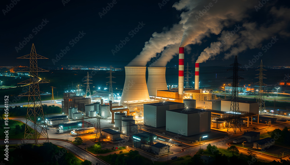 Aerial view power plant station thermal power plant at night, High ...
