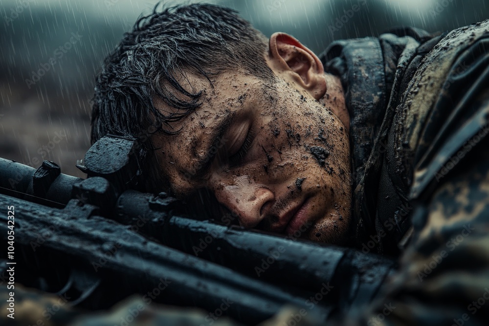 A soldier covered in mud, lying prone in the rain, intensely focusing ...