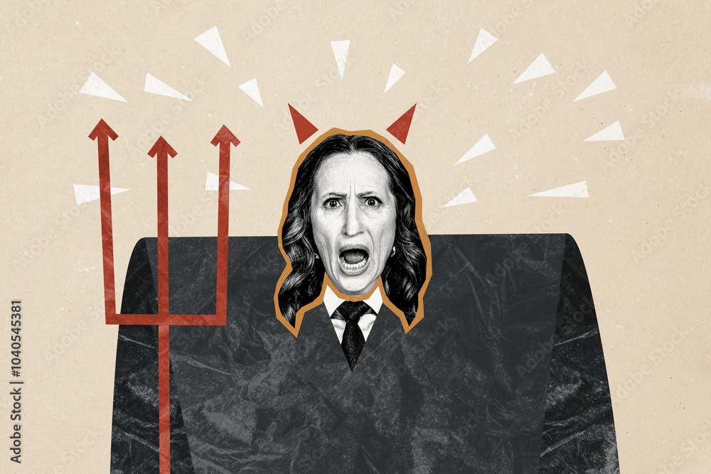 Composite photo collage of angry businesswoman satan monster devil hold ...