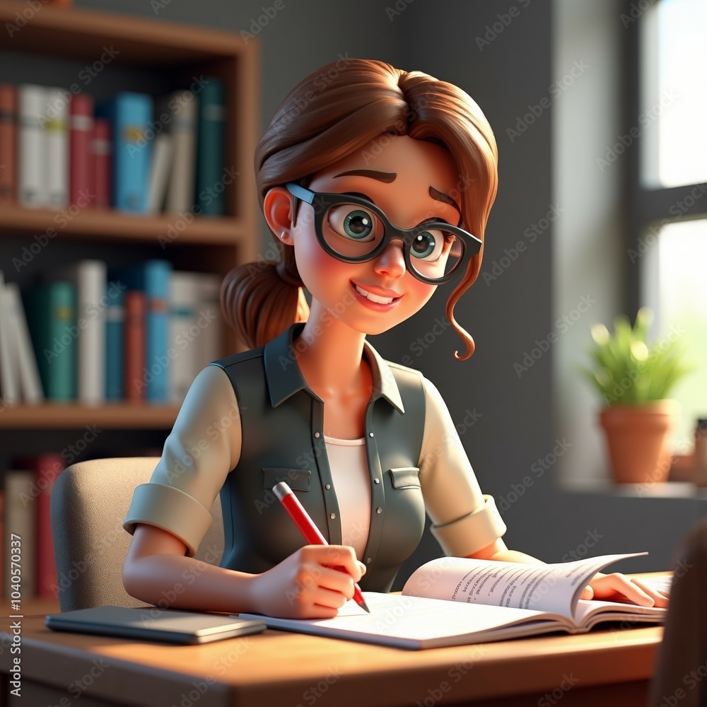 Cartoon student in glasses studying and writing notes in a cozy library ...