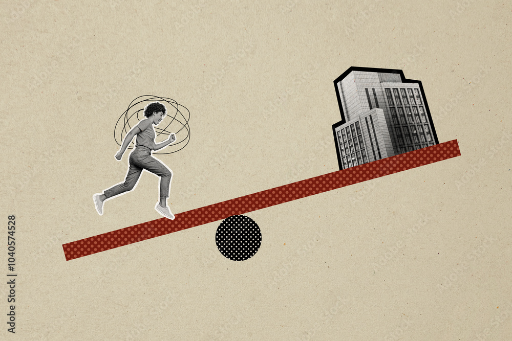 Creative trend collage of funny young female running balance scales ...