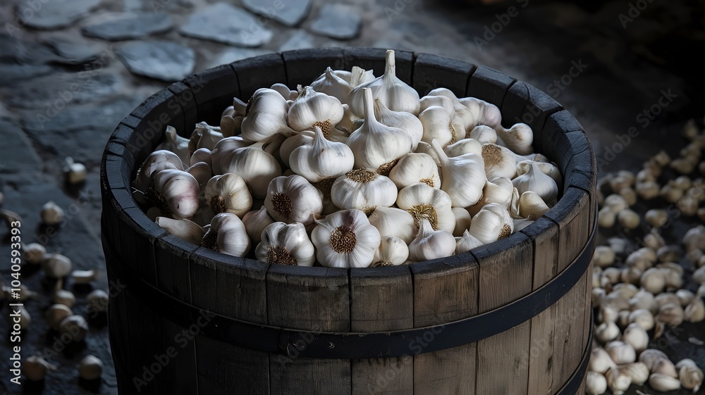 Wooden barrel filled with garlic on stone floor with scattered cloves ...