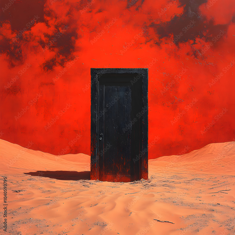 A single door stands upright in a desolate desert, surrounded by ...