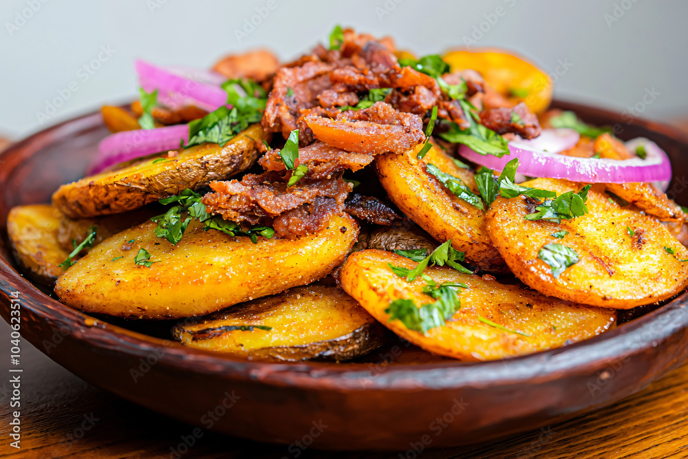 traditional yuca frita con chicharron from El Salvador, rustic setting ...